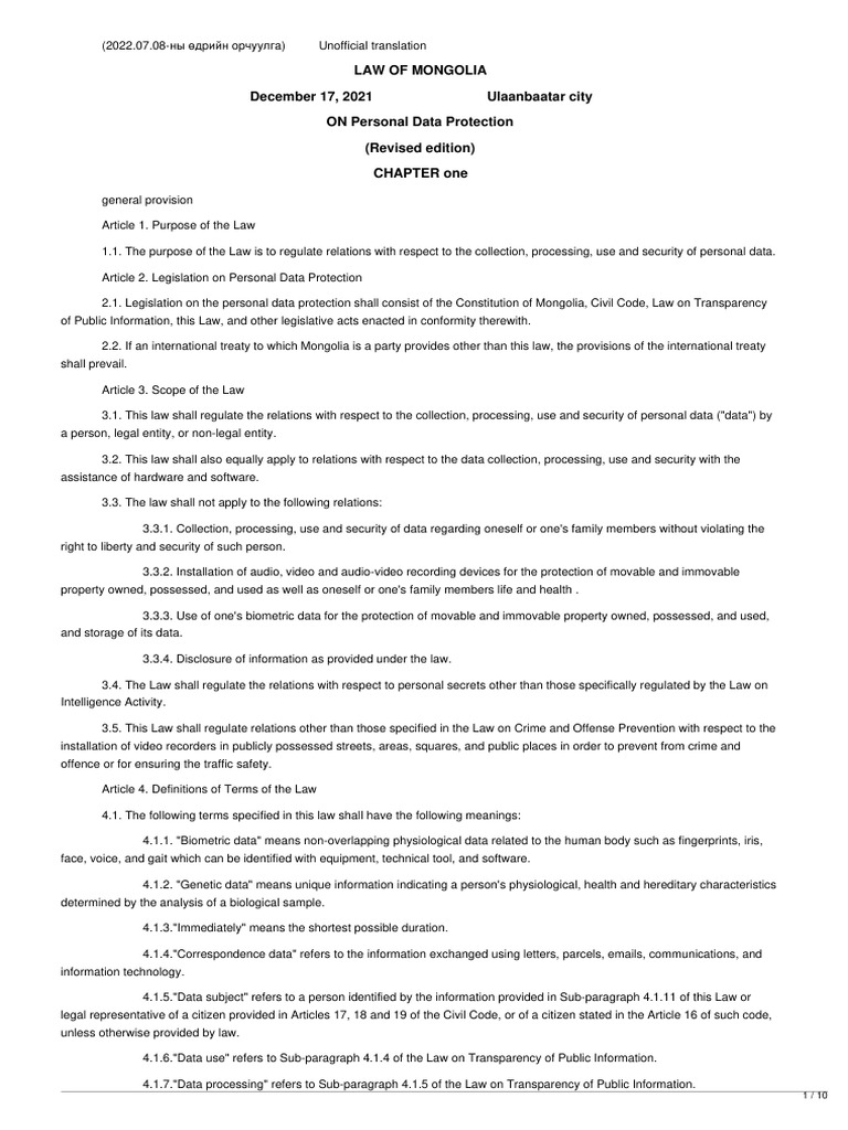 Legalinfo - MN - ON PERSONAL DATA PROTECTION | PDF