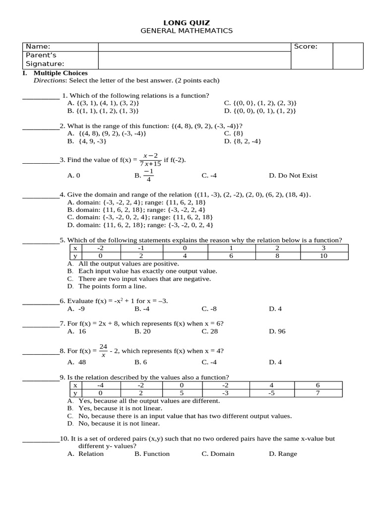 General Mathematics Q1LONG QUIZ | PDF