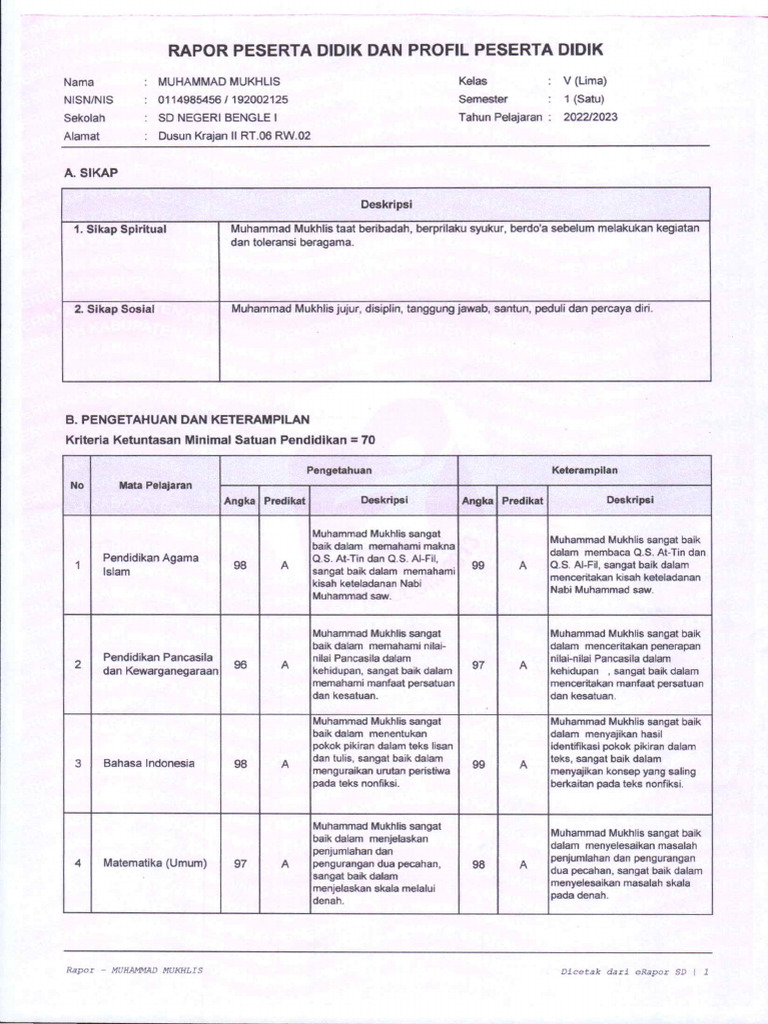Scan Rapot Mukhlis | PDF