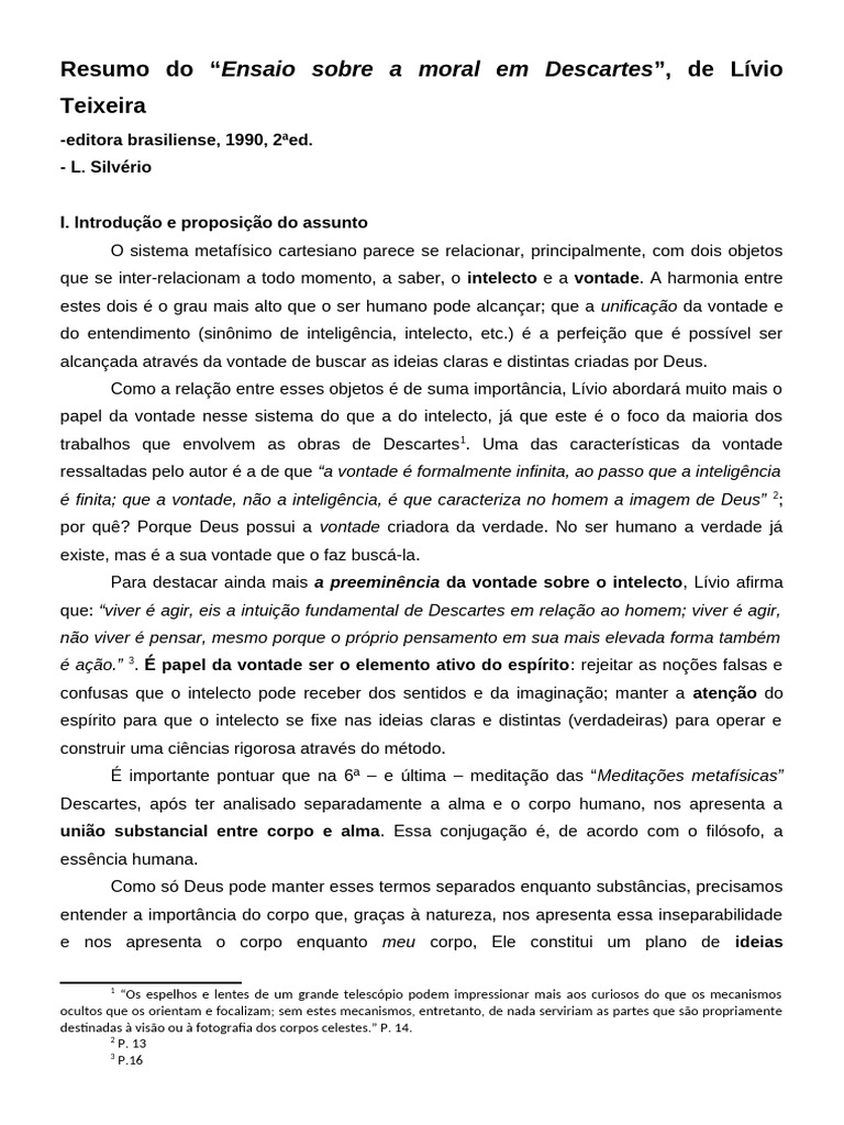 Resumo - Ensaio Sobre A Moral de Descartes Do Lívio Teixeira | PDF