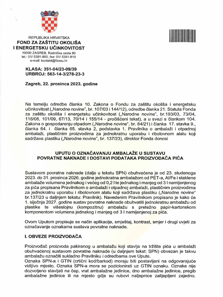 Uputa o Označavanju Ambalaže U Sustavu Povratne Naknade I Dostavi ...