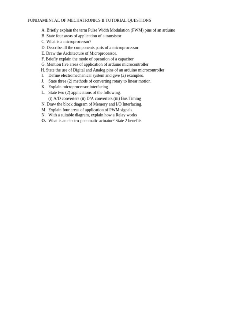 FUNDAMENTAL OF MECHATRONICS II MCE 210 TUTORIAL QUESTIONS | PDF
