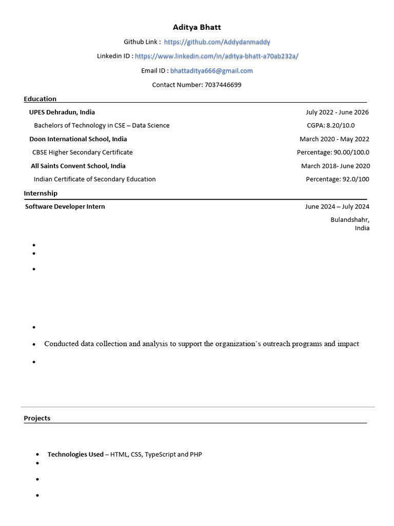 Aditya Bhatt Resume | PDF