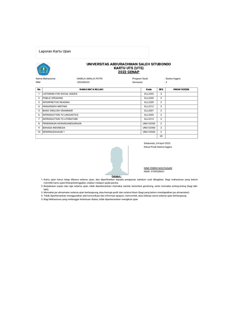 Nabila A.P Kartu Uts | PDF