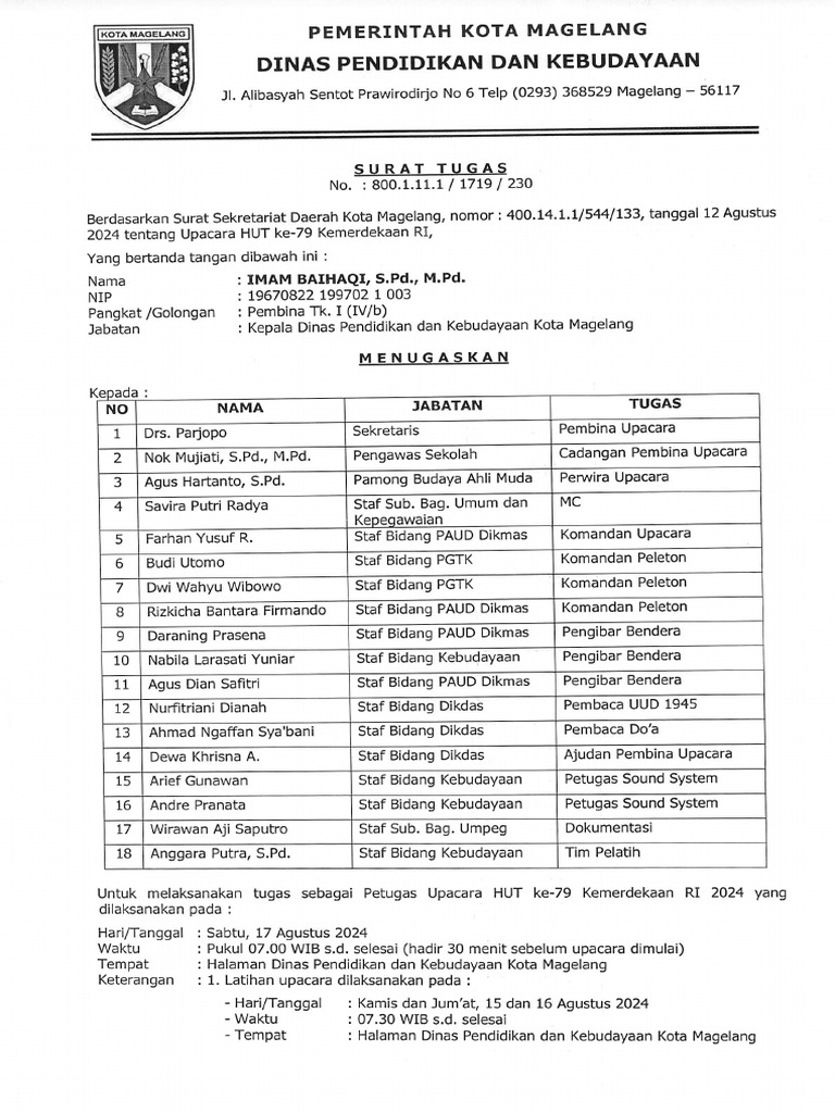 Surat Tugas Peserta Dan Petugas Upacara Hut Ke-79 Kemerdekaan Ri | PDF
