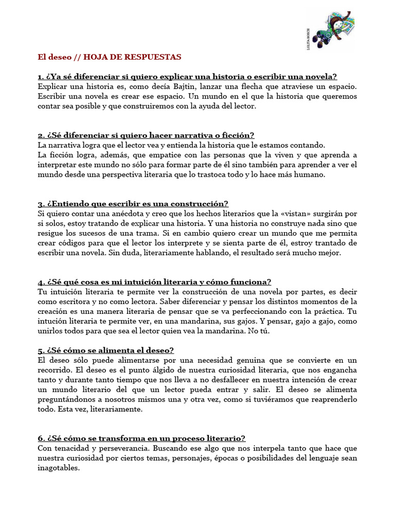 EJERCICIO 1. El Deseo. HOJA DE RESPUESTAS | PDF