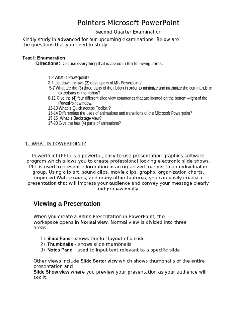Pointers 2nd Quarter Examination LESSON 2 MS PowerPoint-2016 | PDF