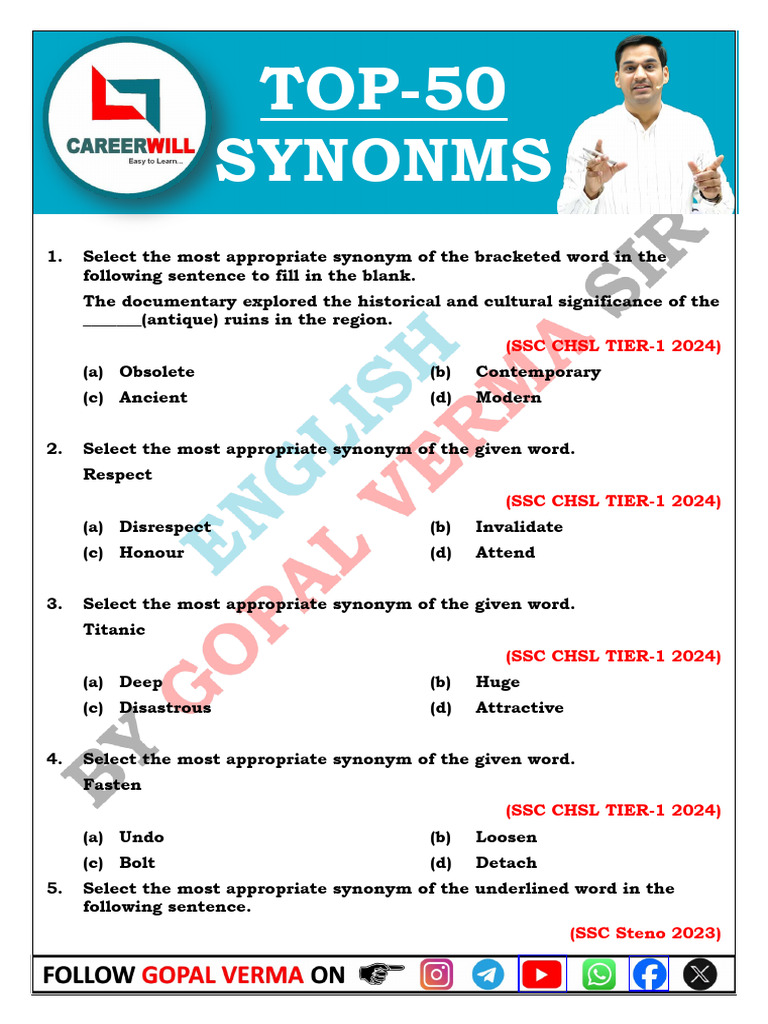 Synonyms Student Copy1-50. | PDF
