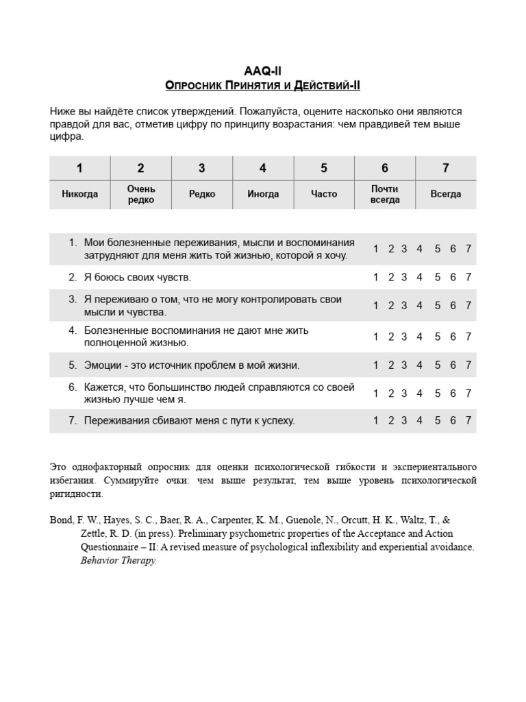 AAQ-II (7-Item With Scoring) Russian - Validation - Needed | PDF