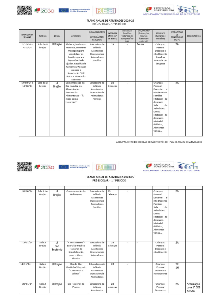 PAA 2024-25 Pré-Escolar - 1.º Período | PDF