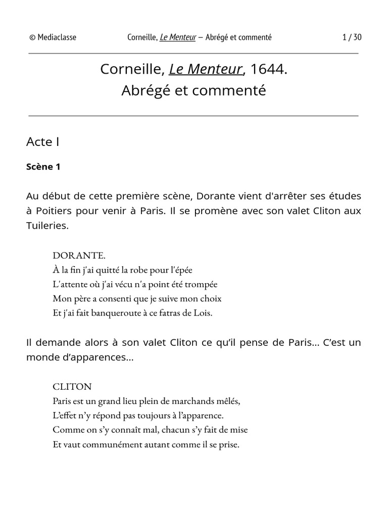 Corneille, Le Menteur - Abrégé Et Commenté (Version PDF | PDF