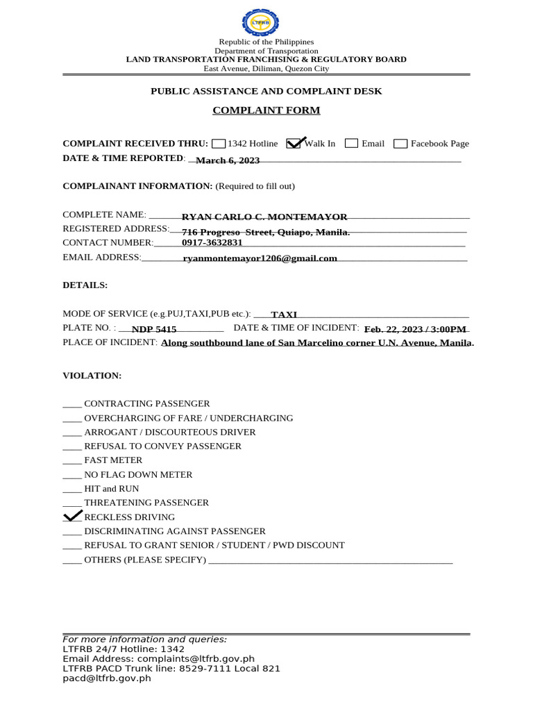 LTFRB Complaint Form1 | PDF