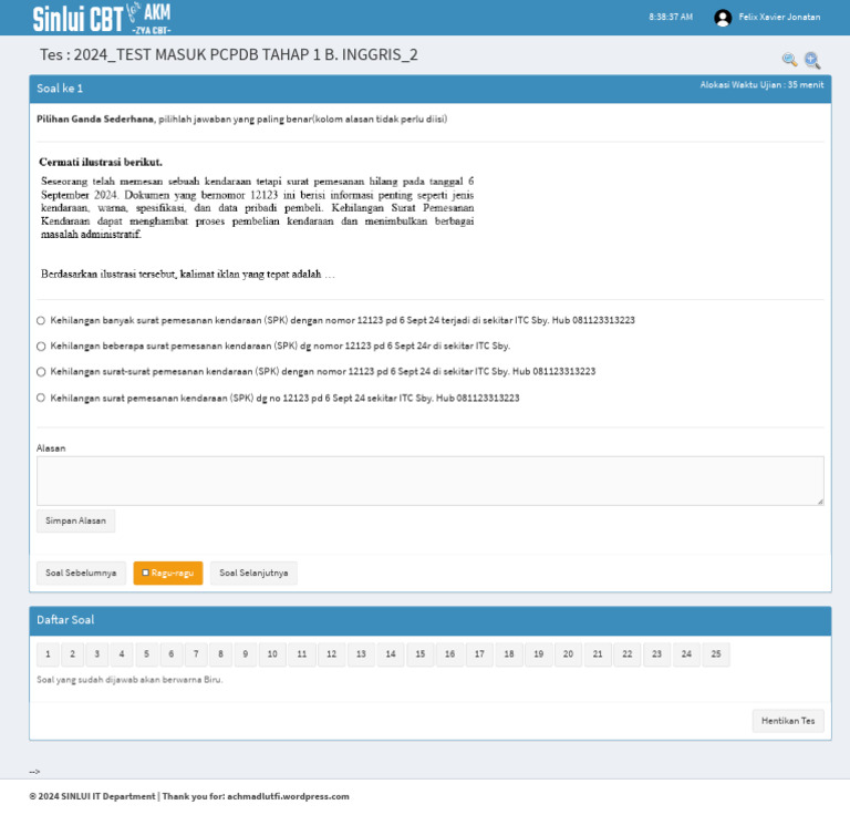 Tes: 2024 - Test Masuk PCPDB Tahap 1 B. Inggris - 2: Soal Ke 1 | PDF