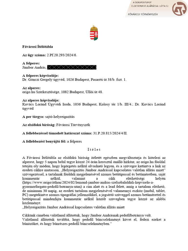 Jogerős Ítélet Jámbor András Vs Origo | PDF