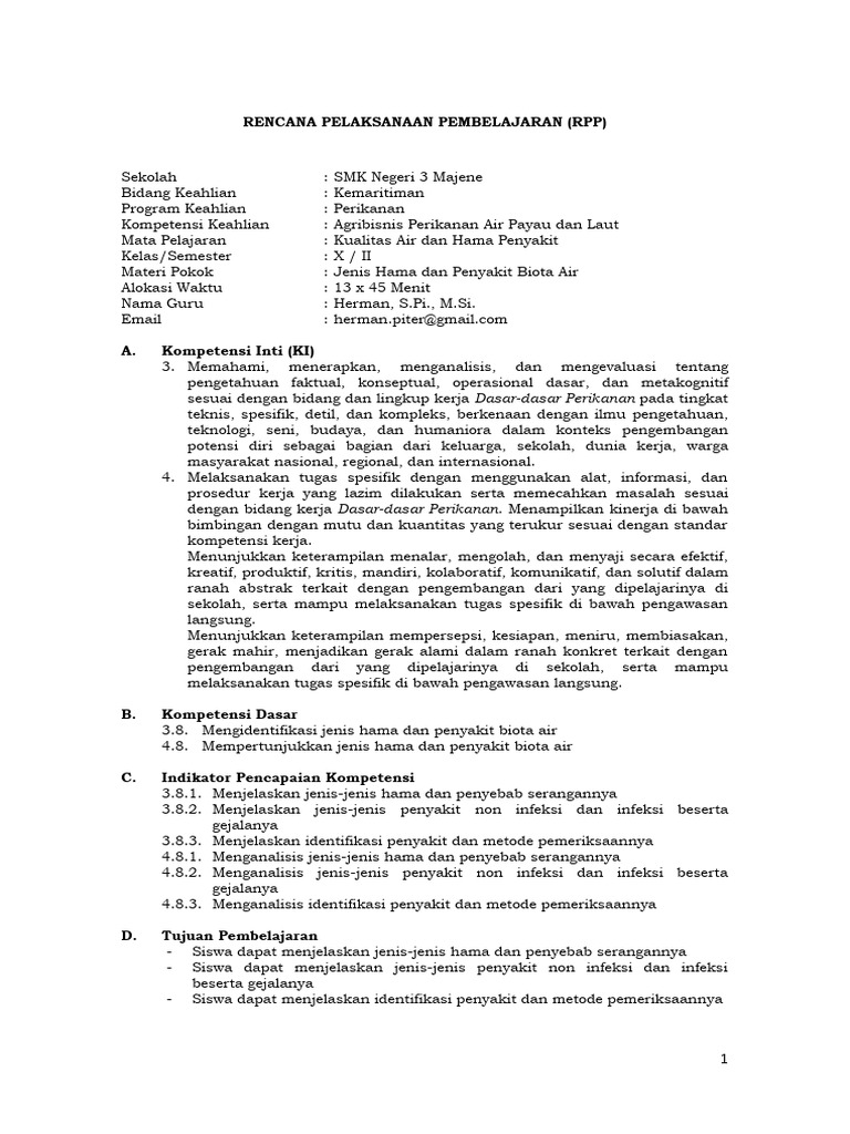 Rencana Pelaksanaan Pembelajaran (RPP) : Dasar-Dasar Perikanan | PDF