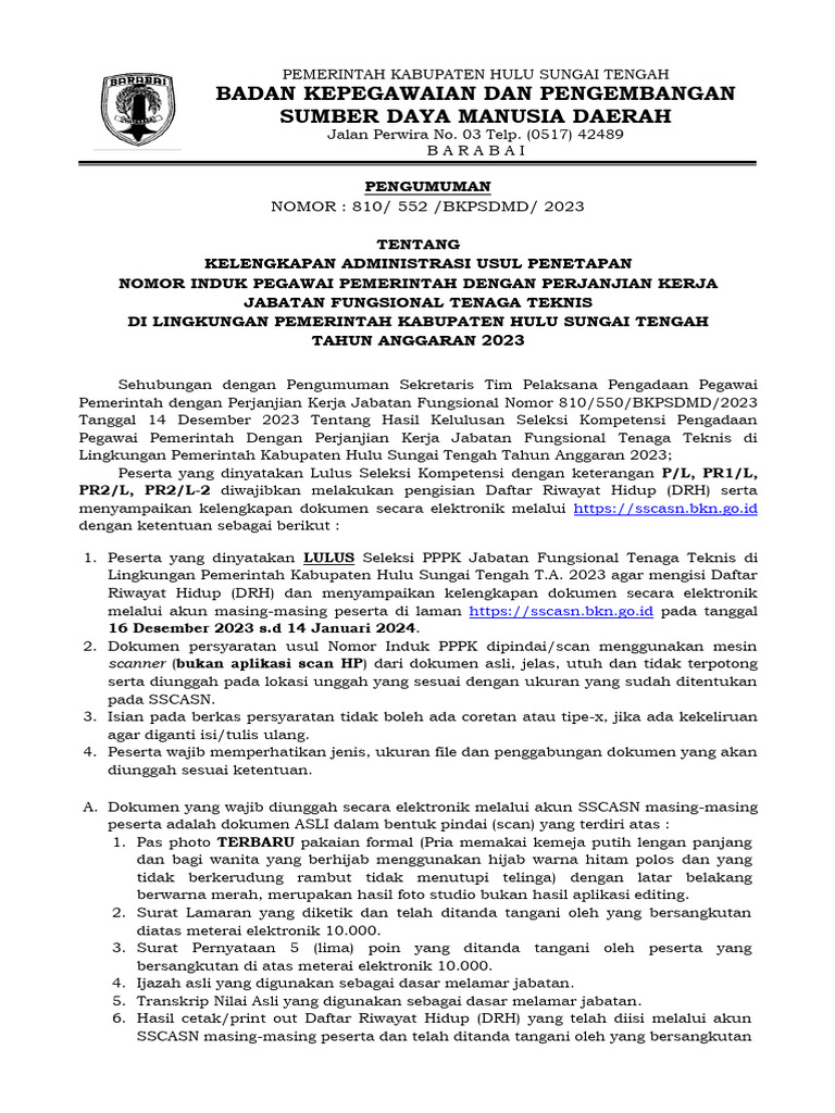 Pengumuman Pengisian DRH PPPK JF Teknis Kab HST 2023-1 Signed | PDF