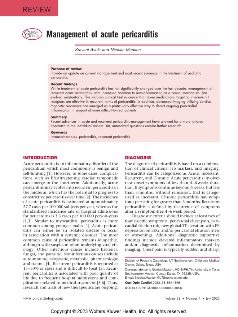 Management of Acute Pericarditis: Sravani Avula and Nicolas Madsen | PDF