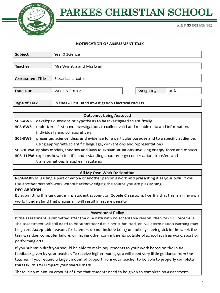 Year 9 Science: Electrical Circuits Task | PDF | Resistor | Teaching ...