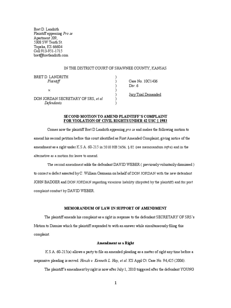 Second Motion to Amend | Pleading | Fourteenth Amendment To The United ...