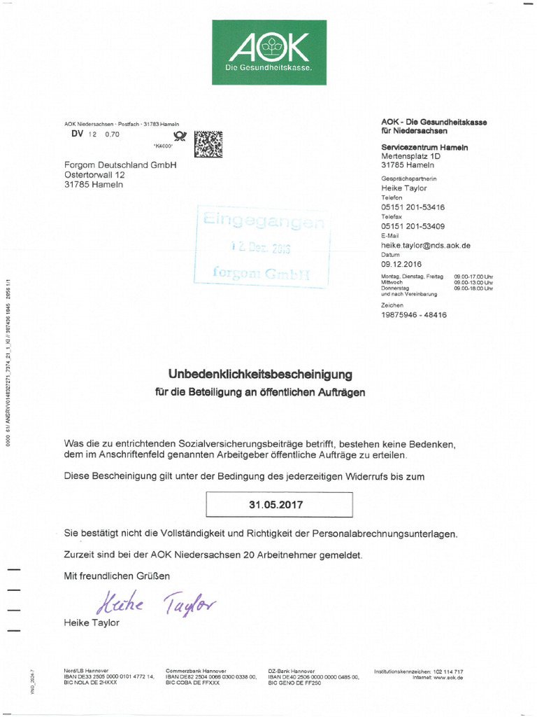 Forgom Unbedenklichkeitsbescheinigung AOK | PDF