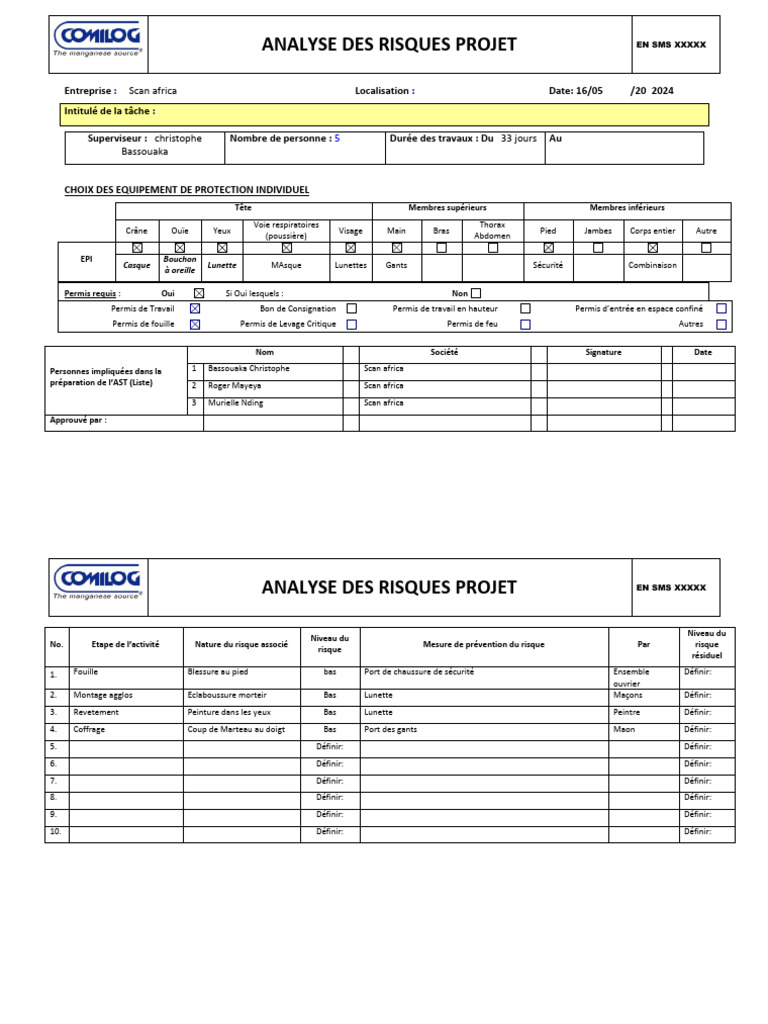 Analyse Des Risques Projet COMILOG - Trame À Renseigner | PDF