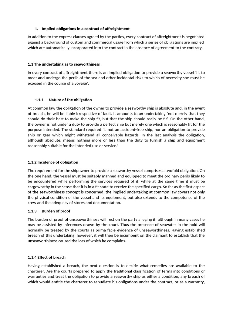 Implied Obligations in A Contract of Affreightment | PDF