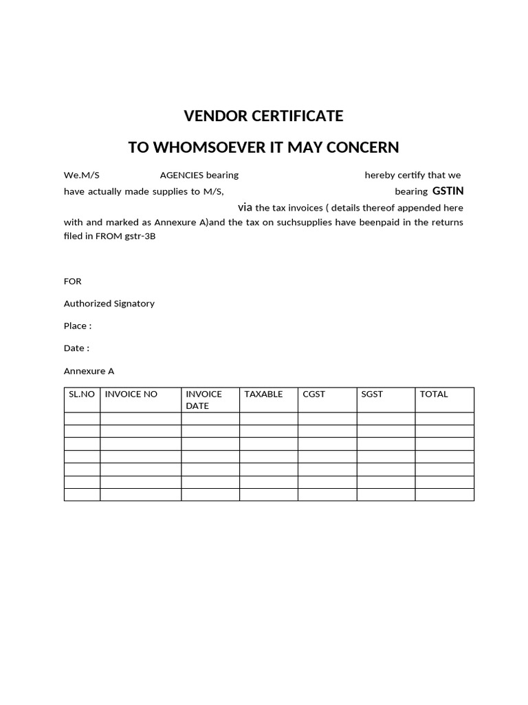Vendor Certificate | PDF