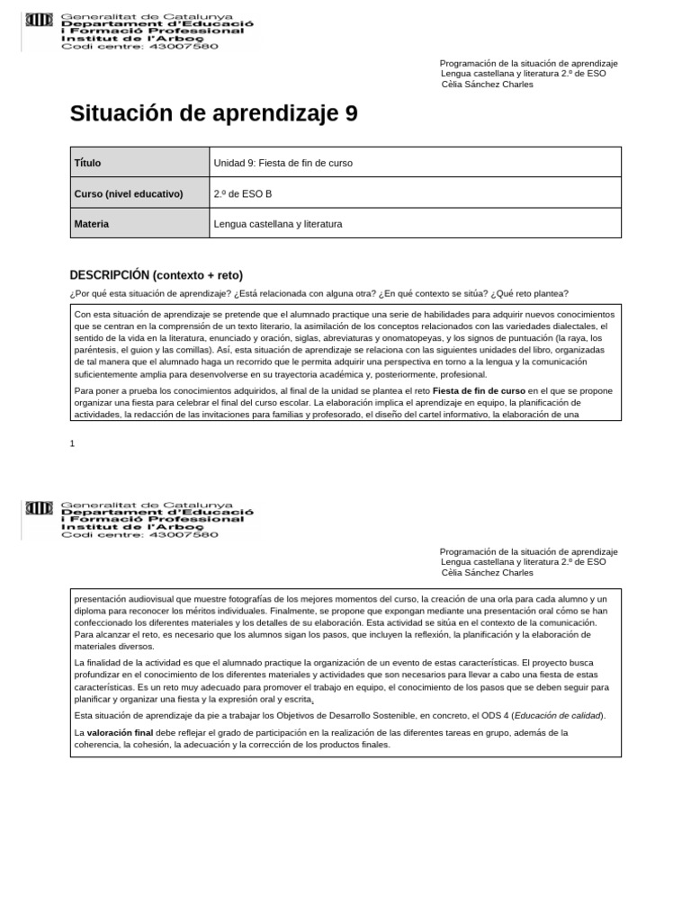 9 Programacion Unidad Como Situacion Aprendizaje U09 | PDF