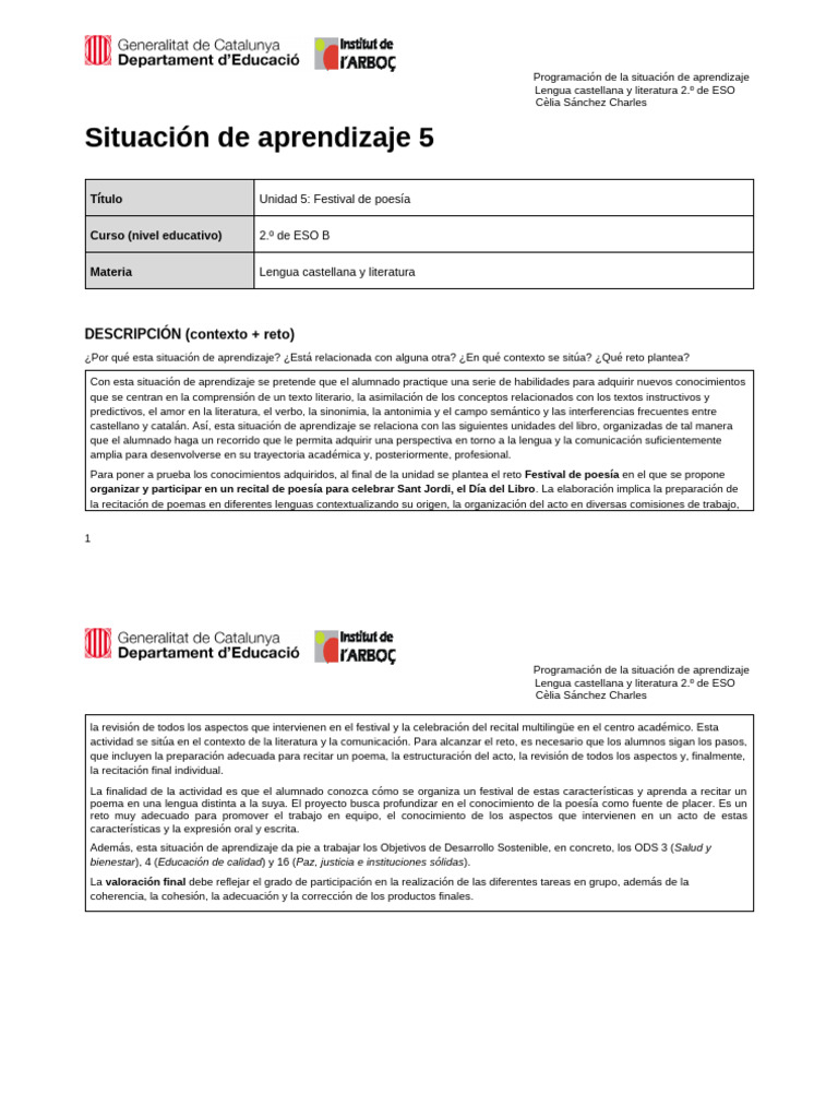 5 Programacion Unidad Como Situacion Aprendizaje U05 | PDF