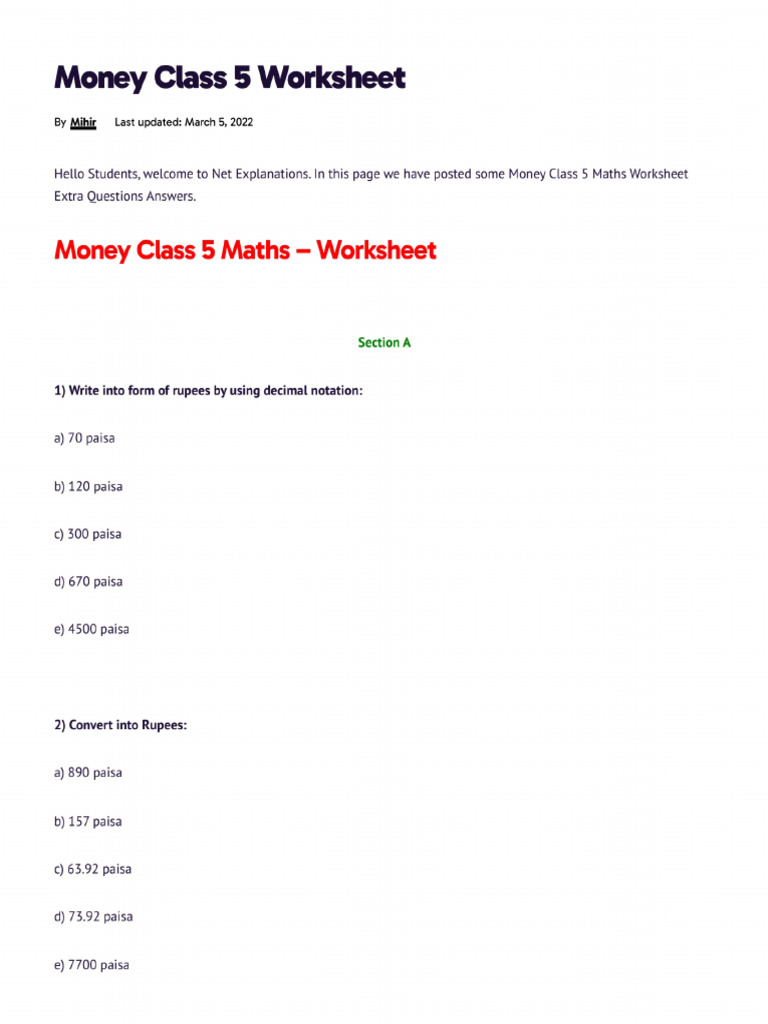 Icse 5th Money | PDF