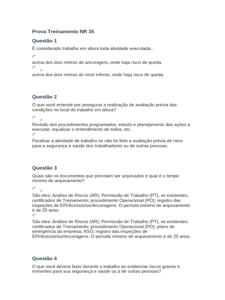 Prova Treinamento NR 35 - Resolvido | PDF