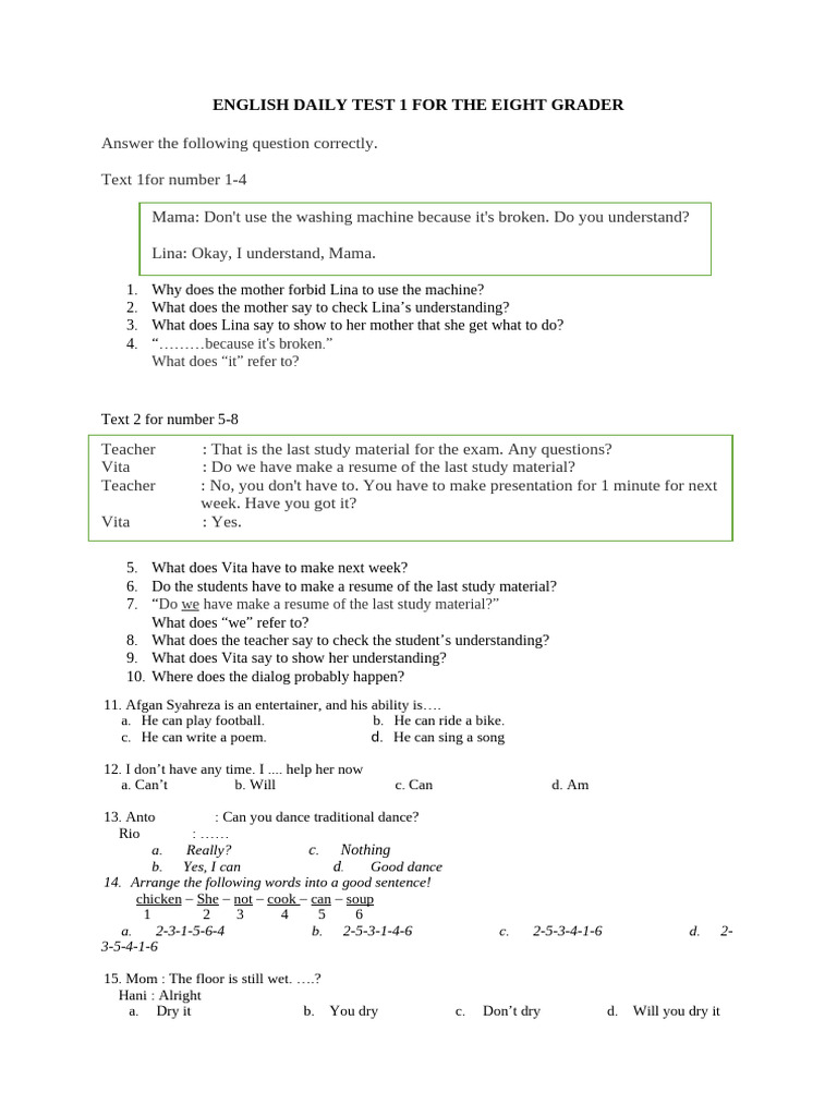 English Daily Test 1 For The Eight Grader | PDF