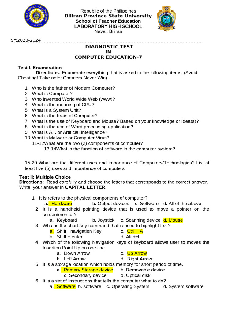 GRADE 7 Diagnotic Examination | PDF