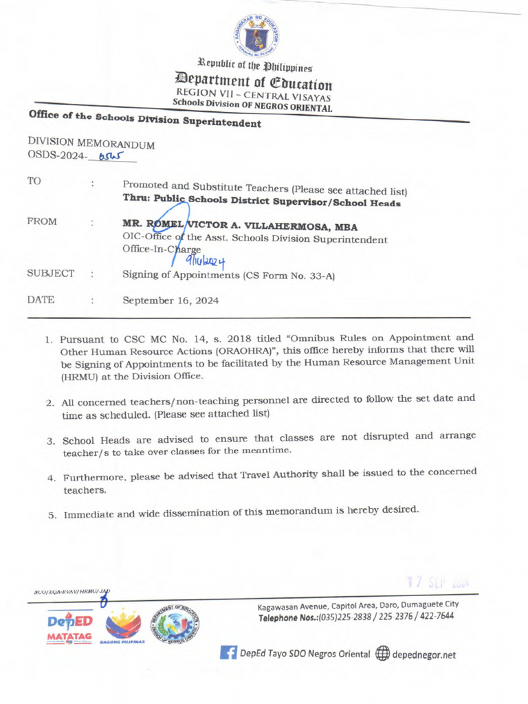 Osds-2024-0565 Signing of Appointments Cs Form No. 33-A | PDF