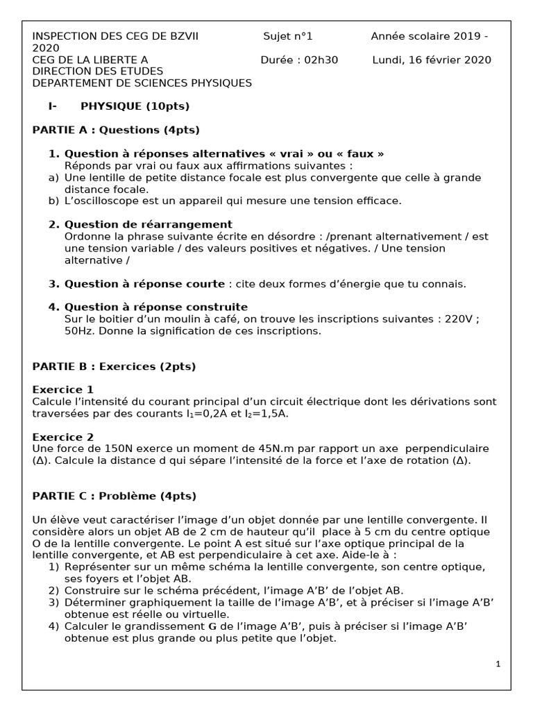 Sujet N°1 BEPC | PDF