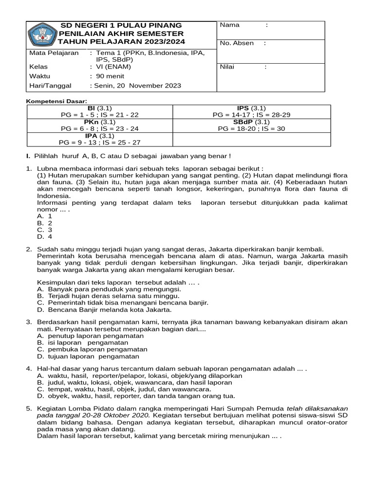 Soal PAS tema 1 | PDF