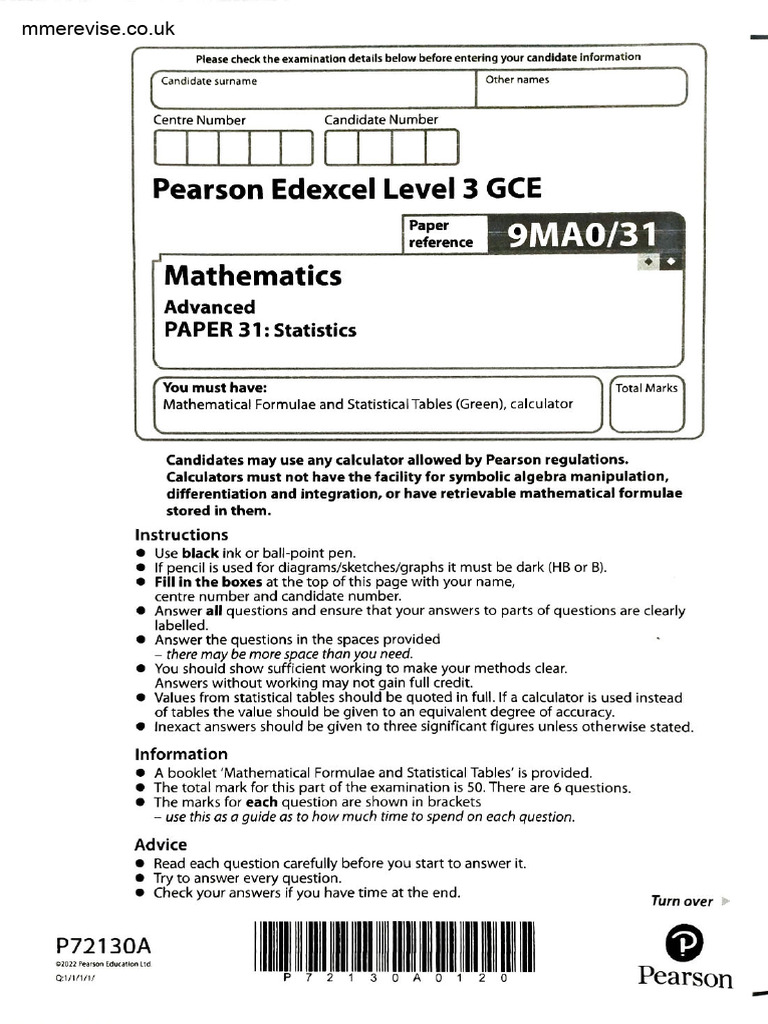 Edexcel A Level Paper 31 Statistics 2022 | PDF