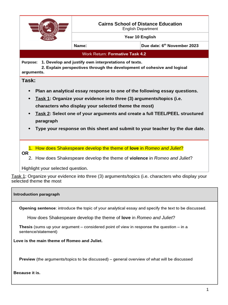 2022 Year 10 Term 4 Formative Task 4.2 v2 | PDF