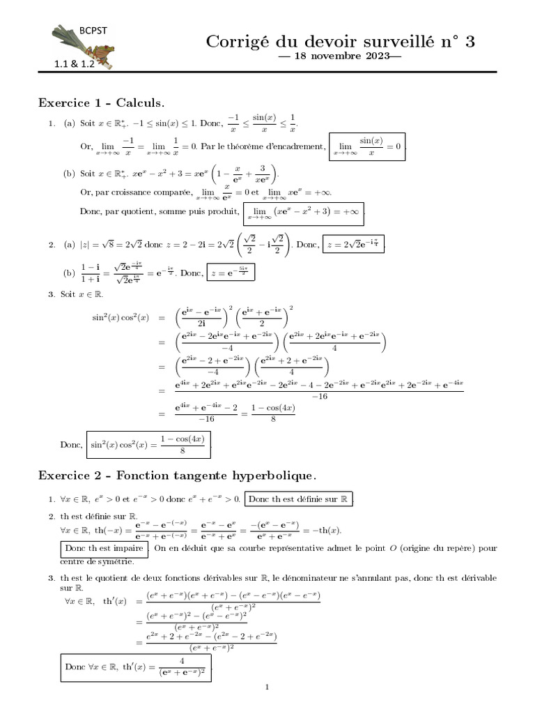 DS 03 Complexes Fonctions Applications Corrige | PDF