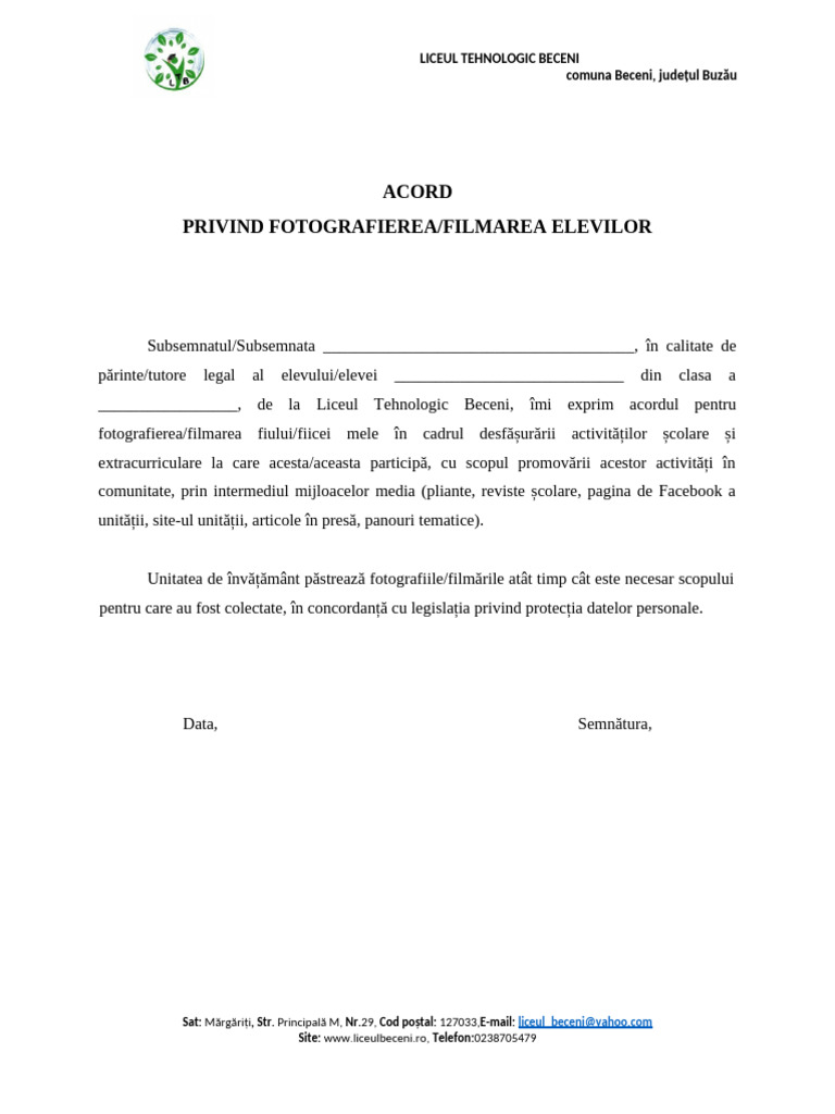 Acord Fotografiere-Filmare Elevi | PDF