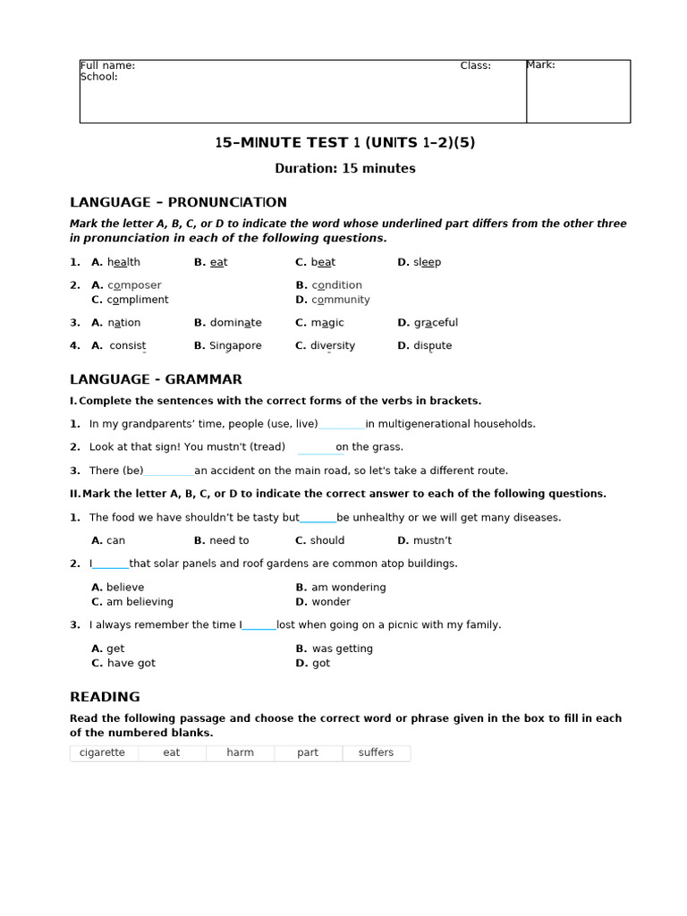 15-Minute Test 1 (Units 1-2) | PDF