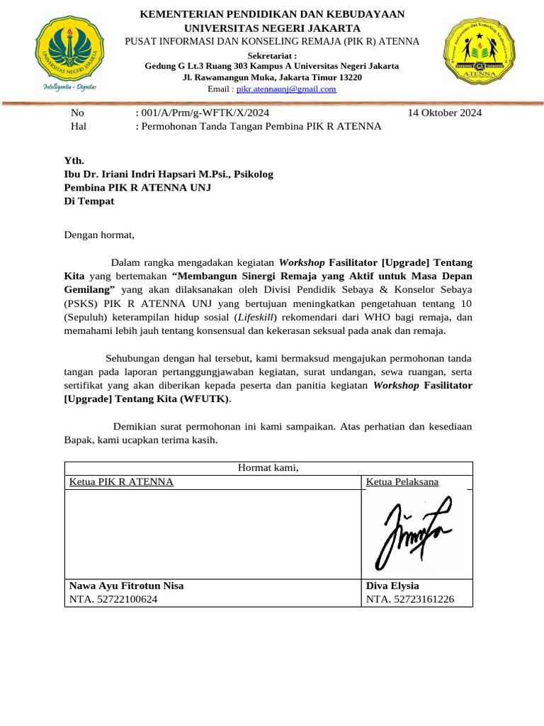 001 - A - Surat Permohonan TTD Pembina - WFUTK | PDF