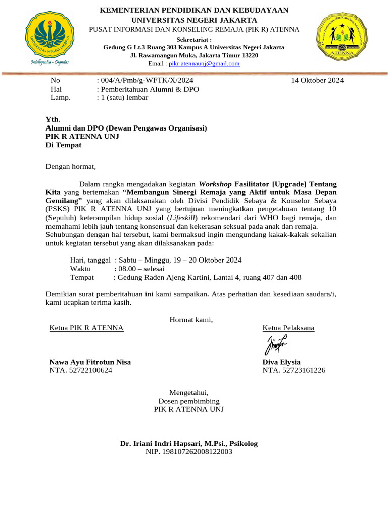 004 - A - Surat Pemberitahuan Alumni & DPO - WFUTK | PDF