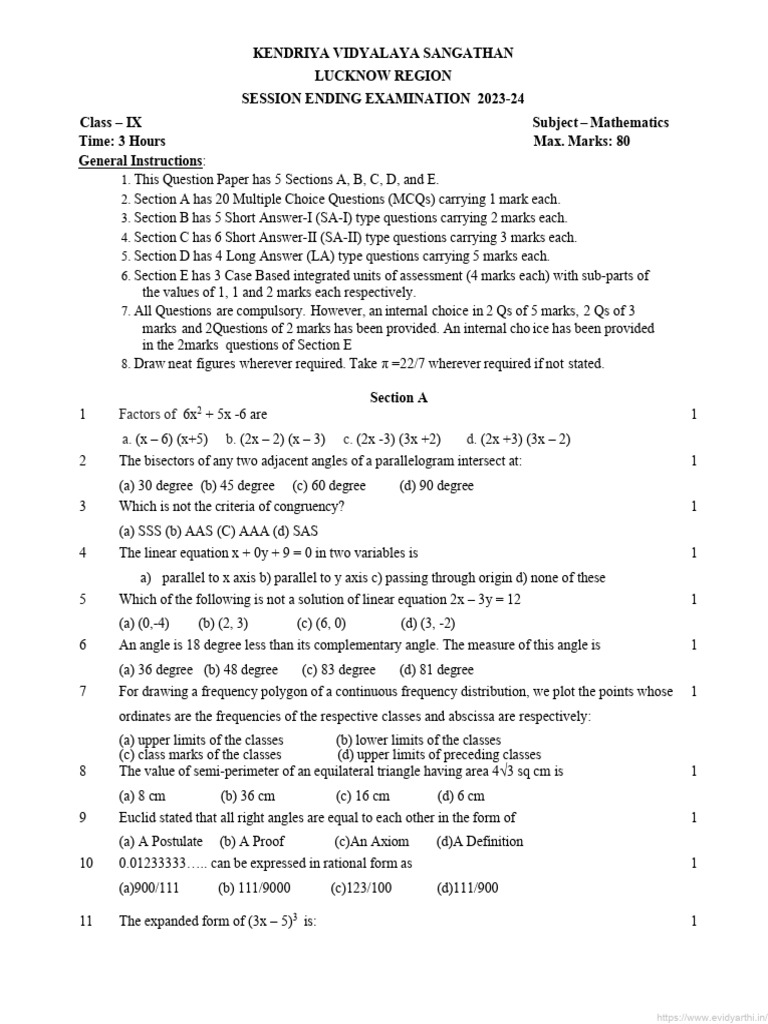 Cbse Class 9 Maths Previous Year Question Paper Term II 2023 24 | PDF