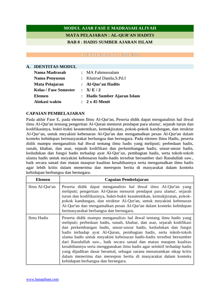 Modul Qurdis 10 Bab 8 - Hadis Sumber Ajaran Islam | PDF