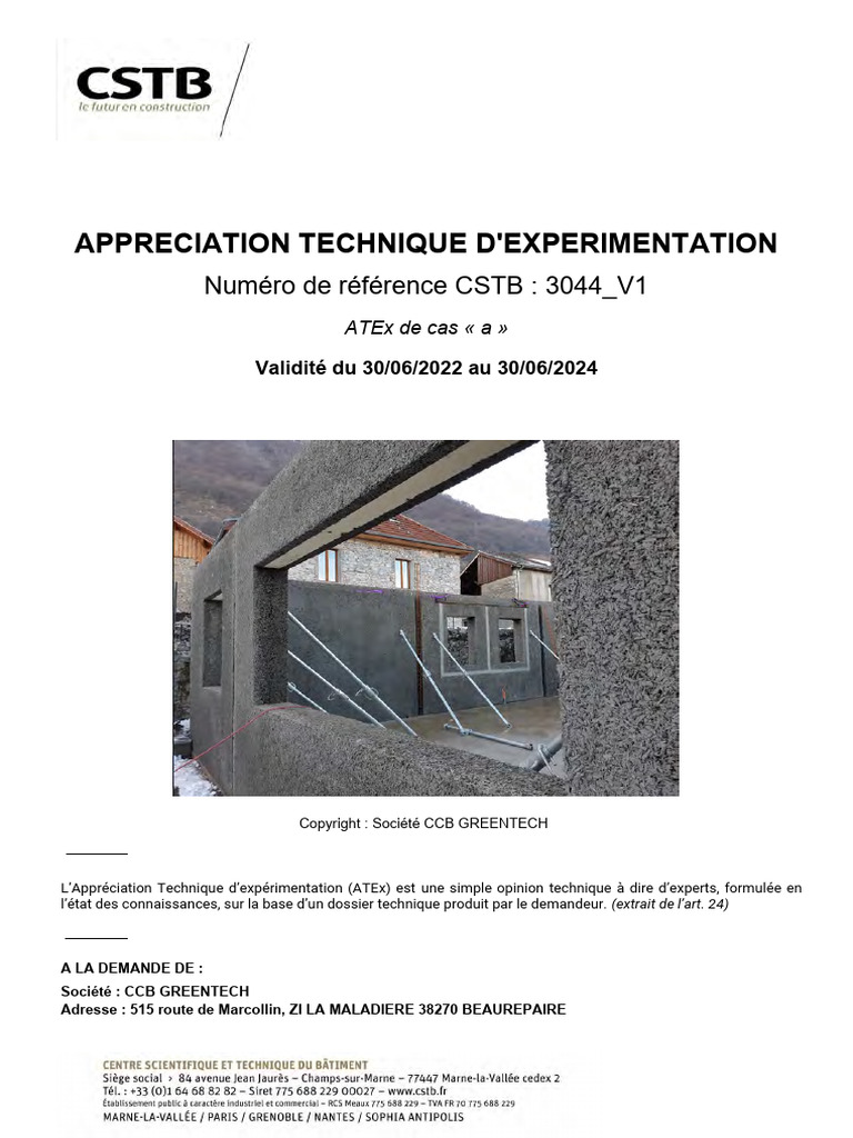 Appreciation Technique D'Experimentation: Numéro de Référence CSTB: 3044 - V1 | PDF