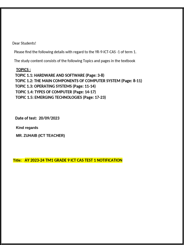 CAS TEST 1 Notification -Y 9 | PDF