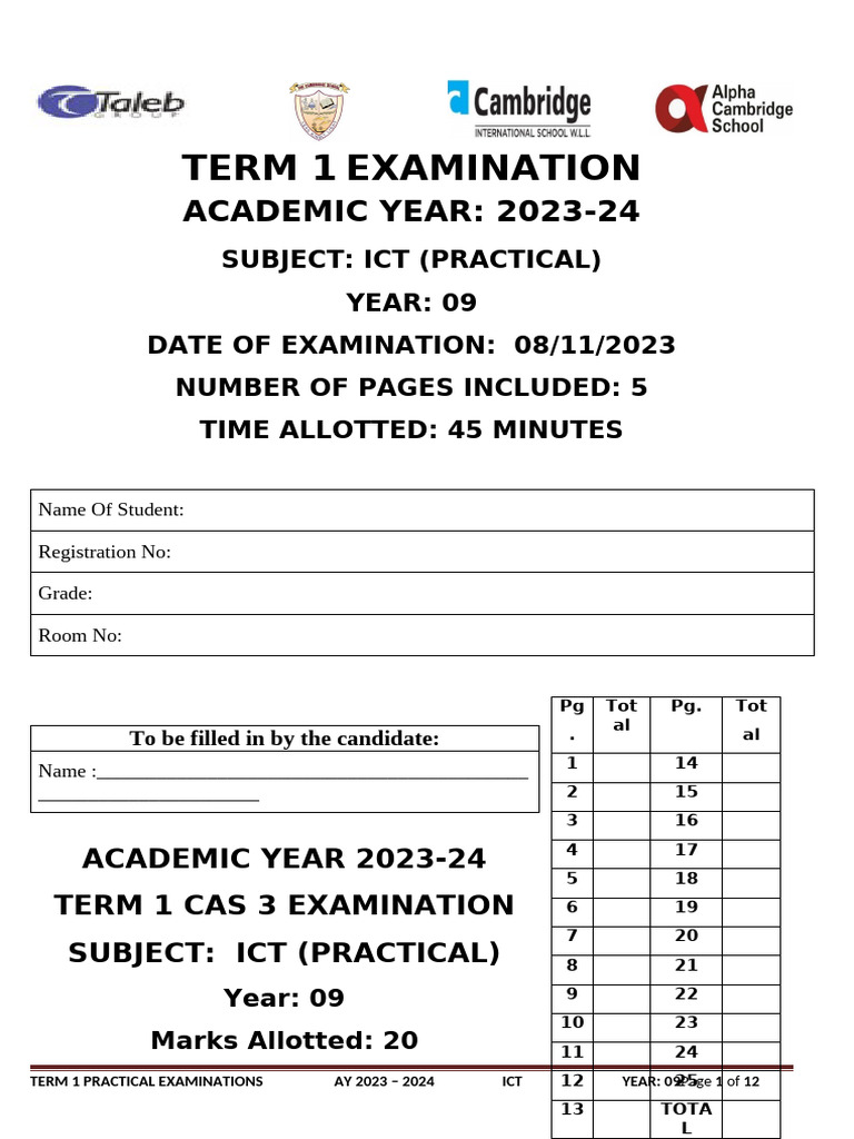 Ay 2023 24 t1 Y09 Exam Paperprac | PDF