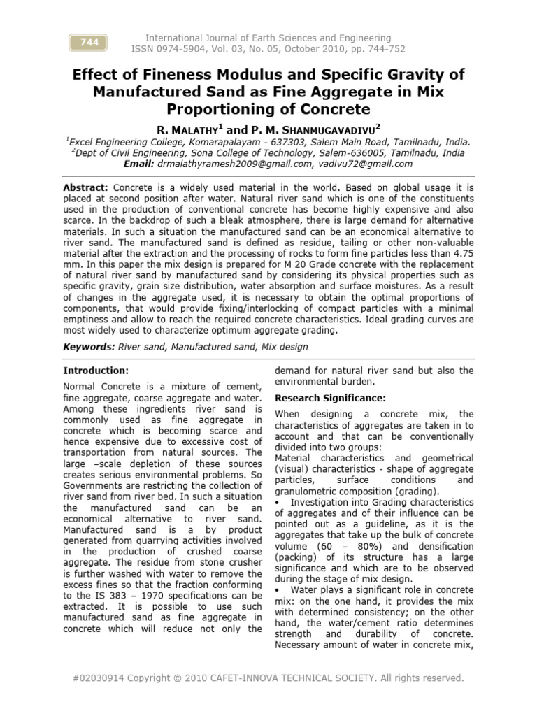 Effect of Fineness Modulus and Specific Gravity of Manufactured Sand As ...