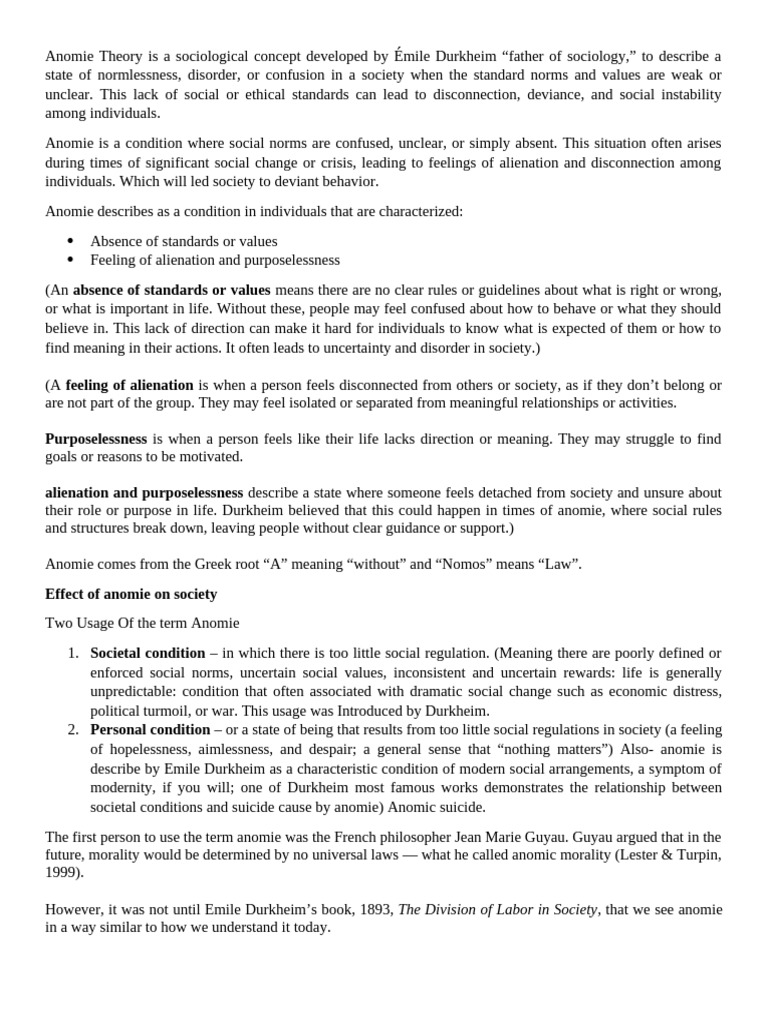 Anomie Theory Is A Sociological Concept Developed by Émile Durkheim | PDF